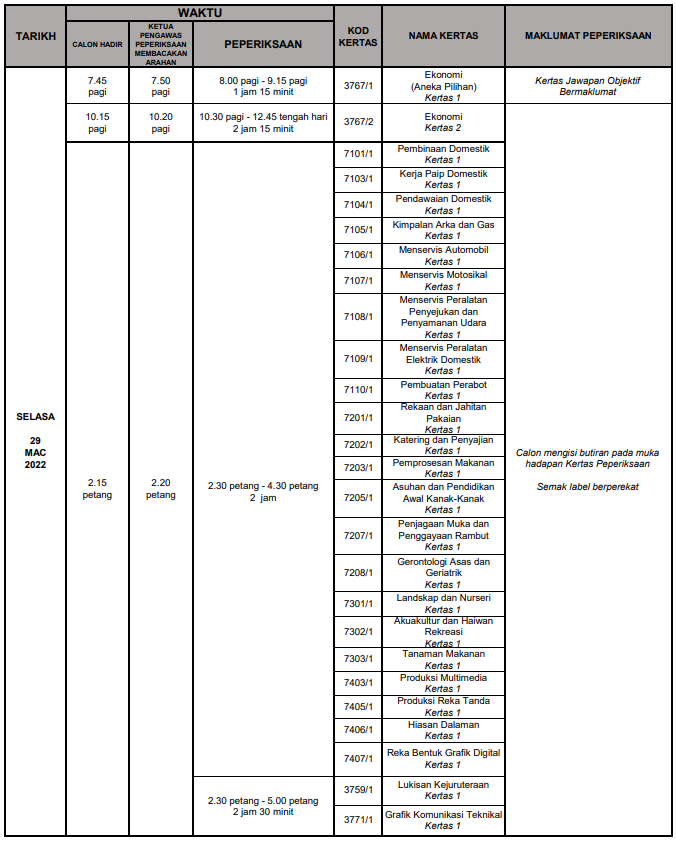 SPM Timetable 2021/2022